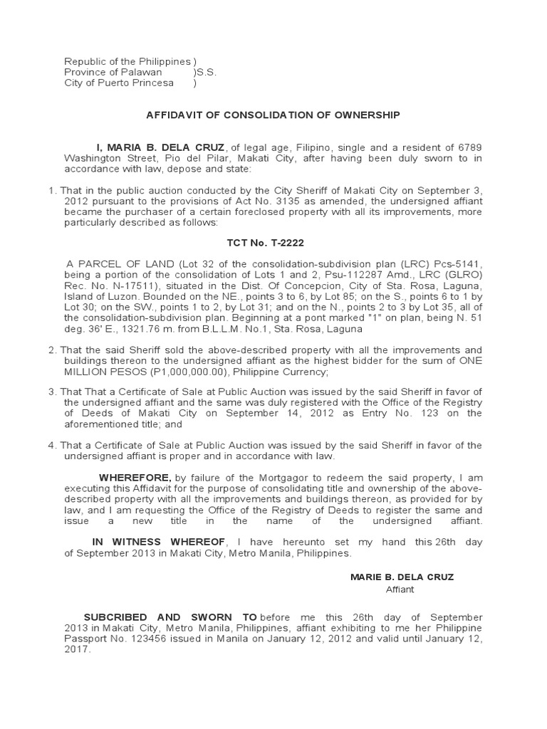 Affidavit of Consolidation of Ownership | PDF | Affidavit | Civil Law ...