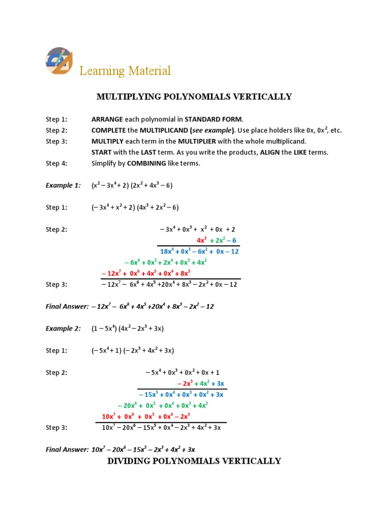 Multiplying and Dividing Polynomials Supp Material | PDF | Division (Mathematics) | Multiplication