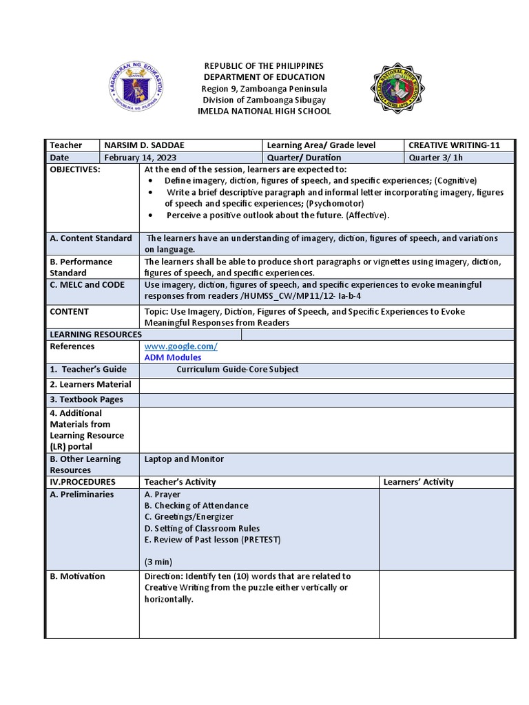 Creative Writing Lesson Plan | PDF | Learning | Writers