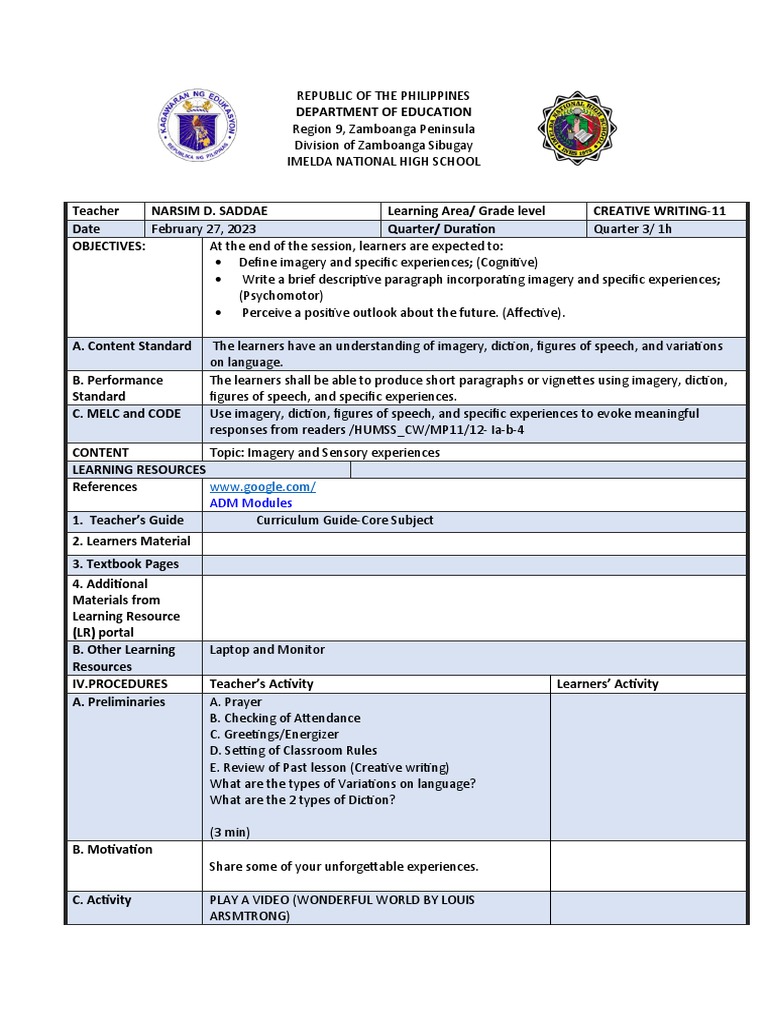 Creative Writing: Imagery in Grade 11 | PDF | Senses | Learning