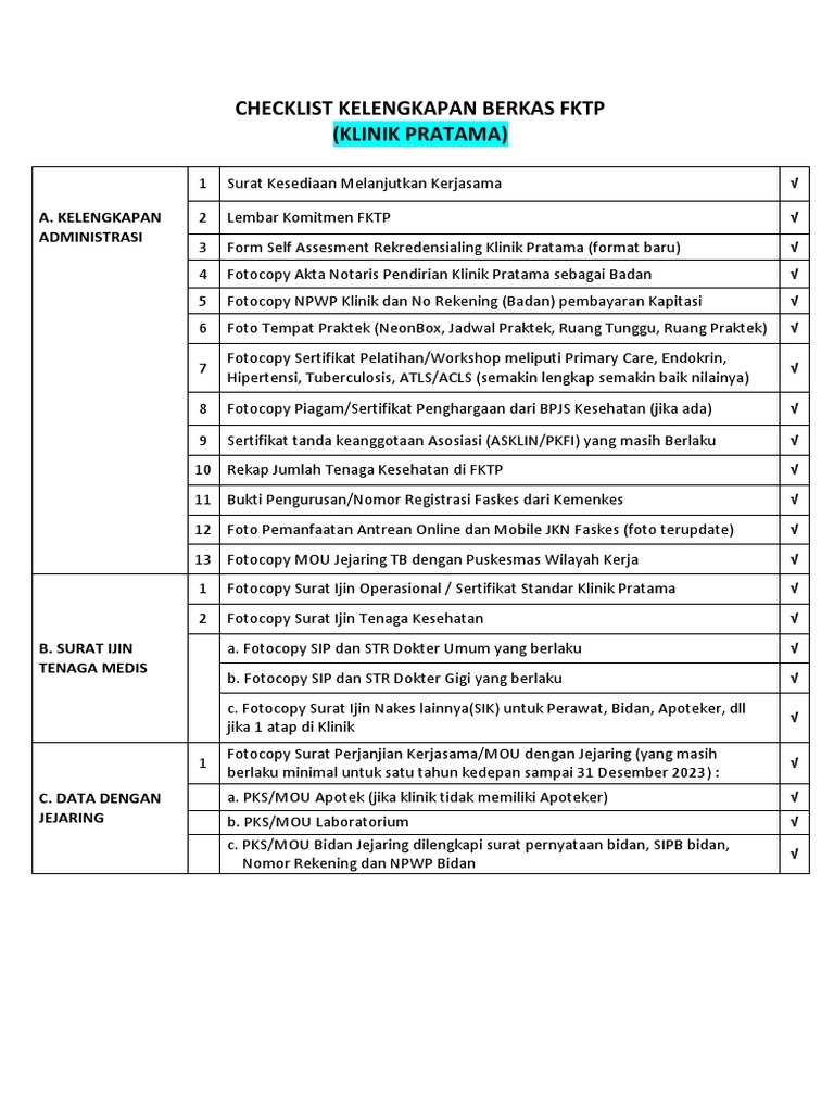 Cheklist Kelengkapan Berkas Klinik Pratama TH 2022 | PDF