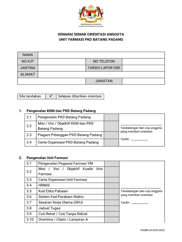 Borang Orientasi Unit Farmasi | PDF