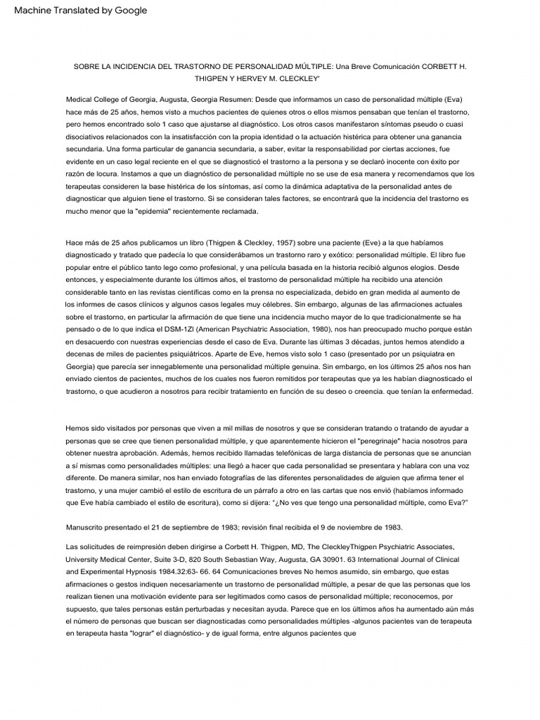 Personalidad Múltiple 1983 | PDF | Disociación (psicología) | Esquizofrenia