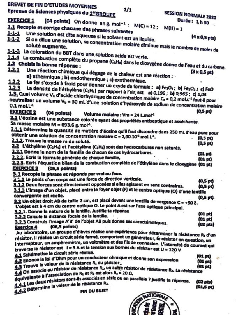 Bfem PC 2020 1groupe | PDF