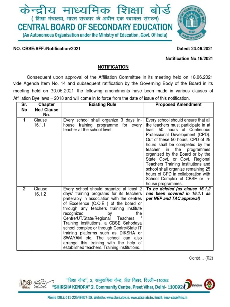 Amendments to CBSE Affiliation Bye Laws Regarding Continuous ...