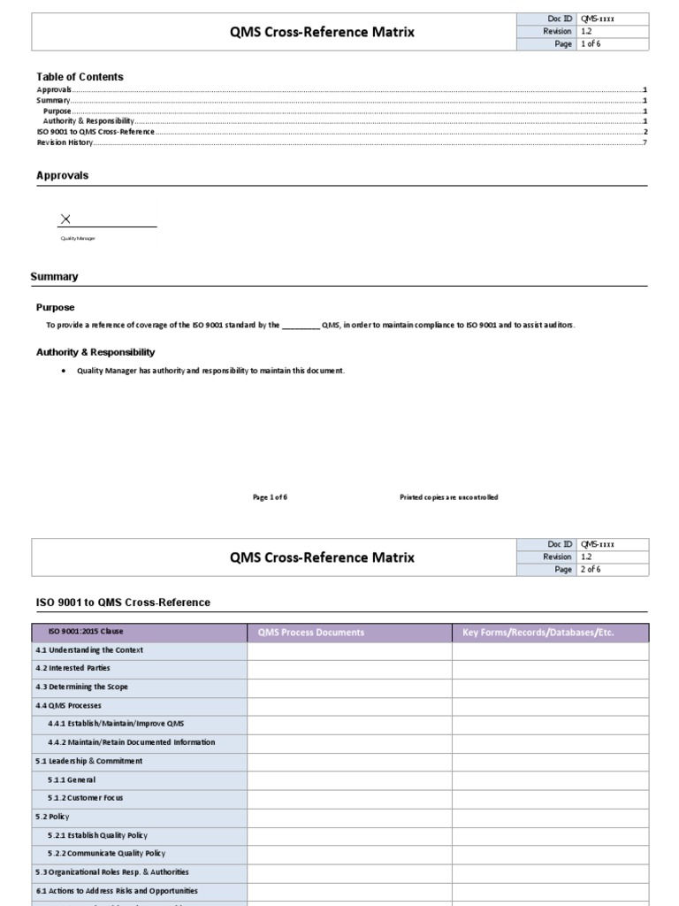 QMS Cross-Reference Matrix BLANK | Download Free PDF | Quality ...