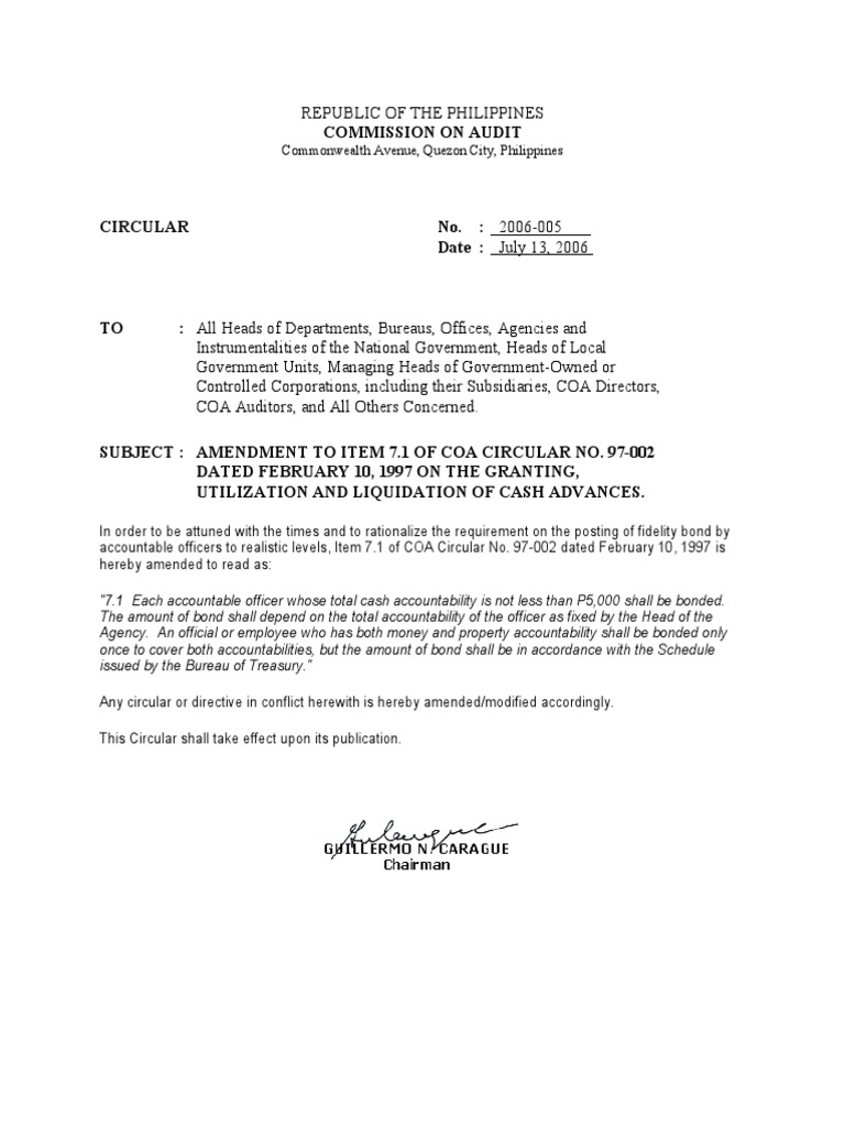 COA Circular No. 2006-005 Amends Bonding Requirements | PDF