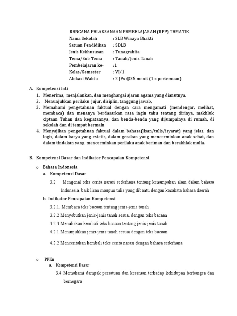 RPP ABAD 21 KLS VI Tunagrahita TEMA 1 SUBTEMA 1 Pemb 1 | PDF | Seni & Disiplin Bahasa