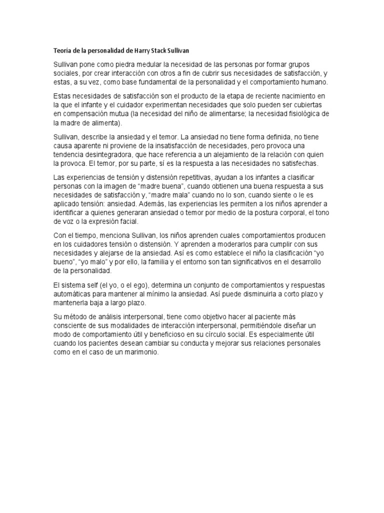 Teoría de La Personalidad de Harry Stack Sullivan | PDF | Ansiedad ...