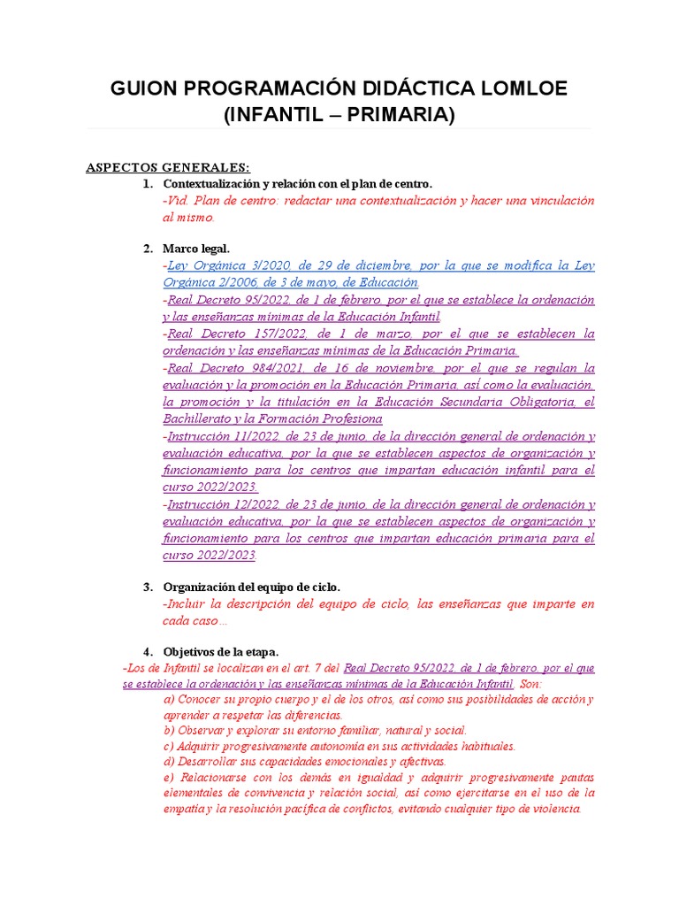 Guion Programación Didáctica Lomloe Infantil-Primaria | PDF | Evaluación | Educación primaria