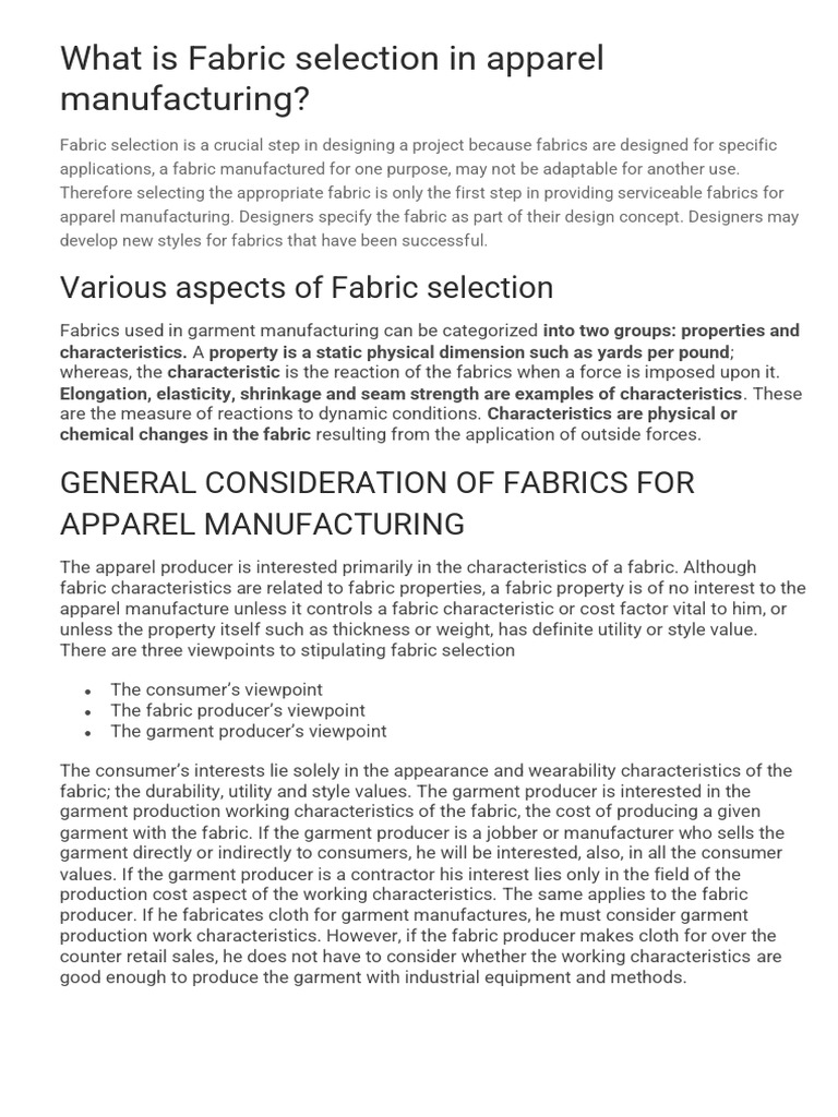 1.2fabric Selection For Garments & Properties | PDF | Textiles | Yarn