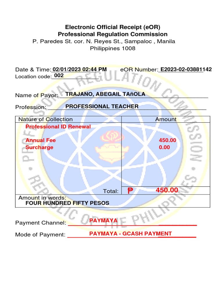 Official Receipt for the Renewal of Professional Teacher ID and Payment ...