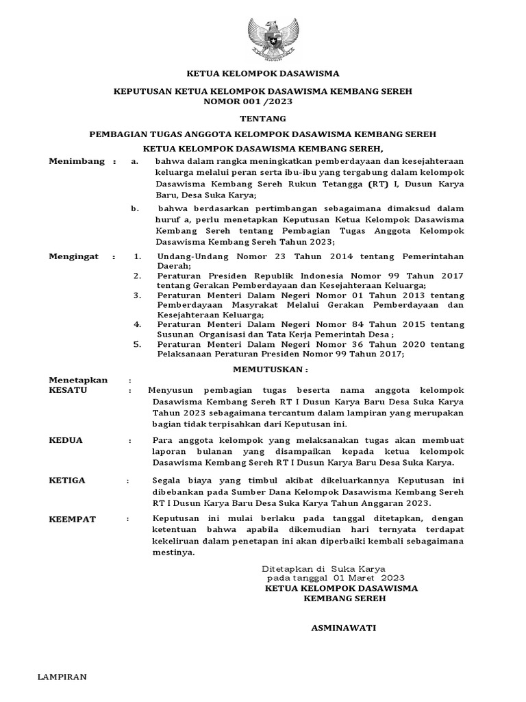 SK Pembagian Tugas Kelompok Dasawisma RT I | PDF