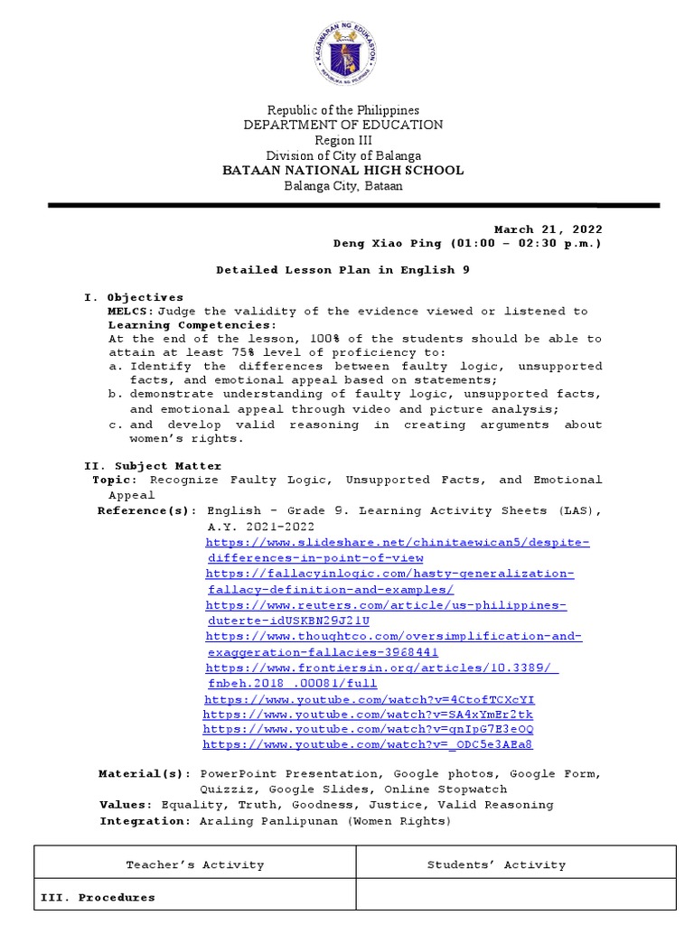Lesson Plan q3 Week 8 | PDF | Fallacy | Argument