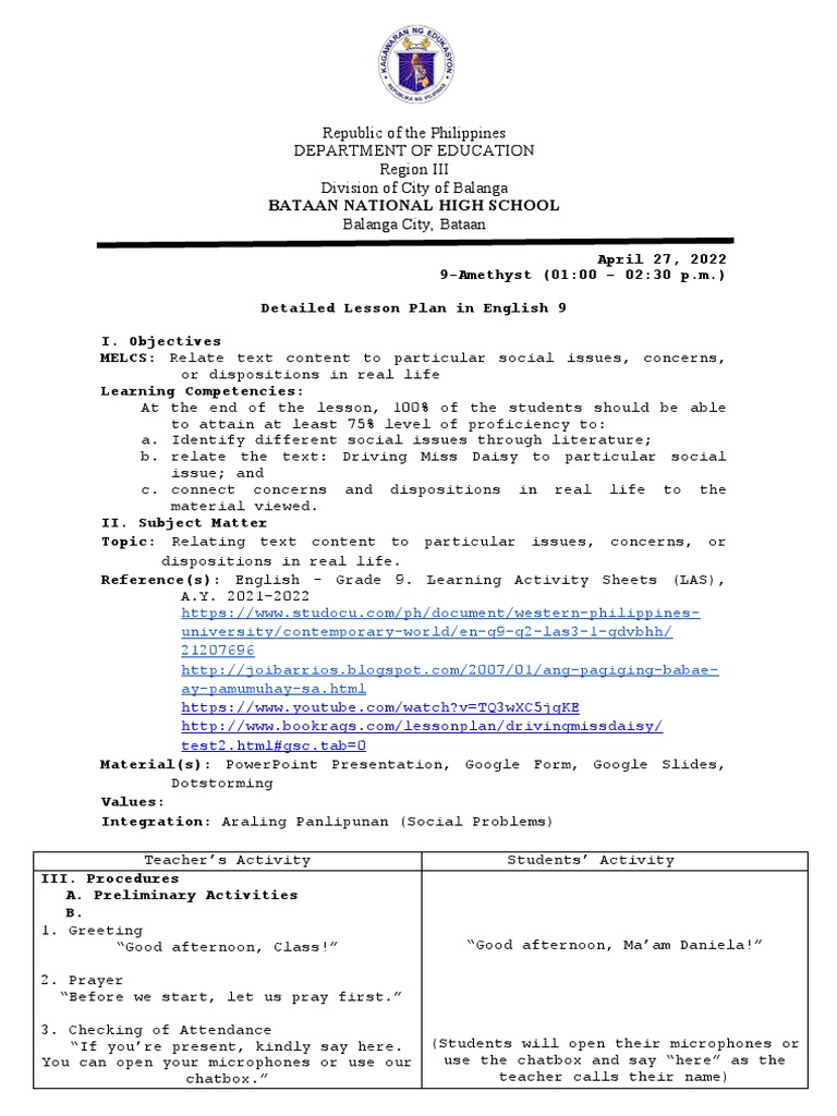 Lesson Plan Relating Content To Particular Issues Concerns or ...