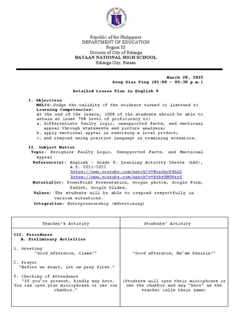 Lesson Plan Unsupported Facts and Emotional Appeal | PDF | Emotions ...