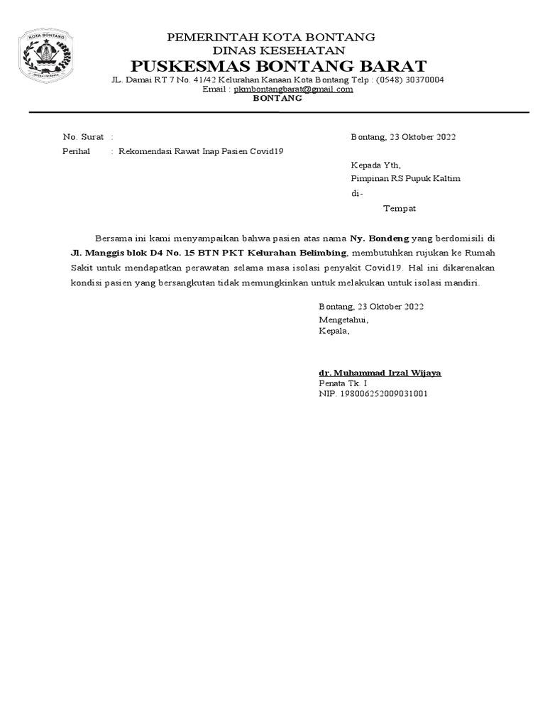 Surat Rekom RS PKT Ibu Bondeng | PDF