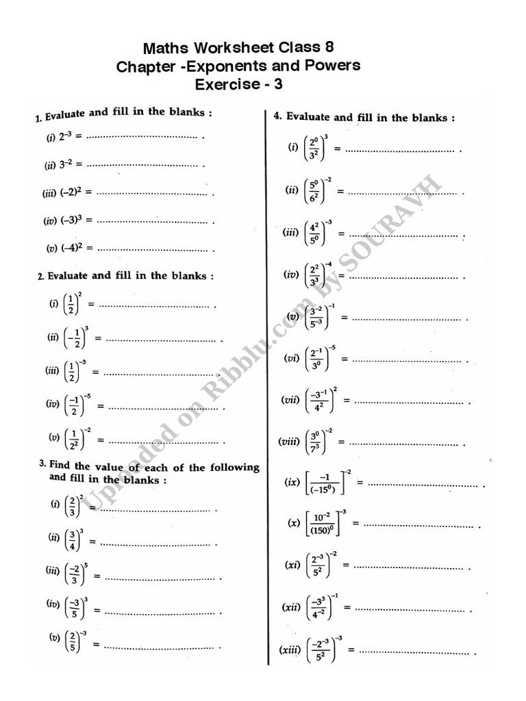 Worksheet On Exponents and Powers For Cbse Class 8 Maths | PDF