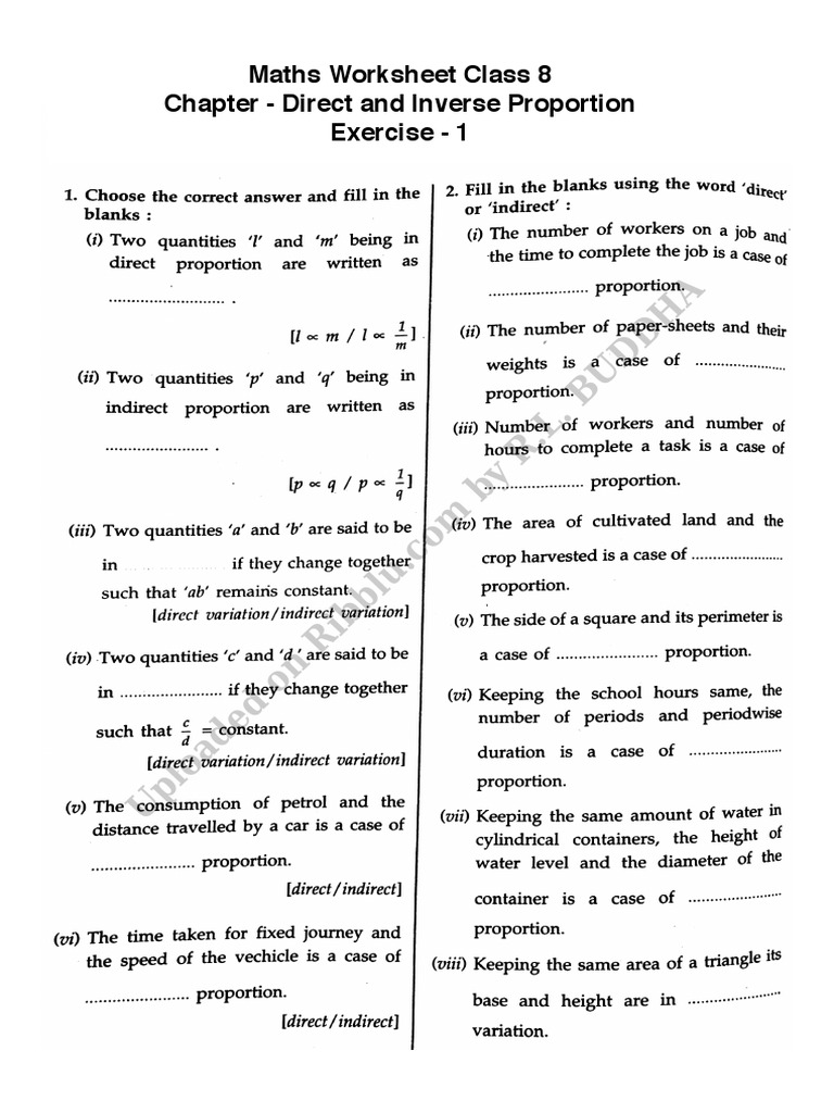 Class 8 Direct and Inverse Proportion Worksheet | PDF