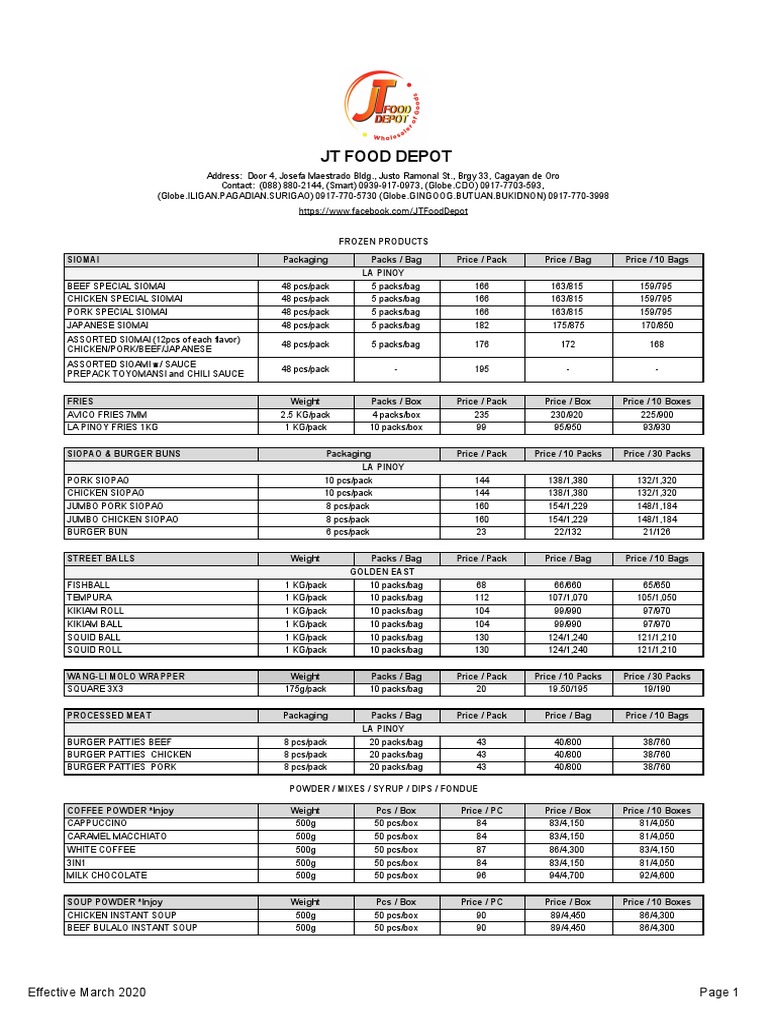 JT Pricelist 2019 | PDF | Foods | Food And Drink Preparation