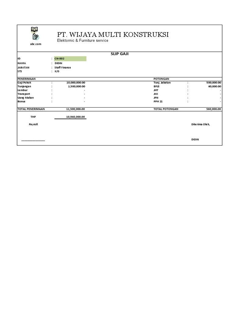 Contoh Slip Gaji Excel Pdf