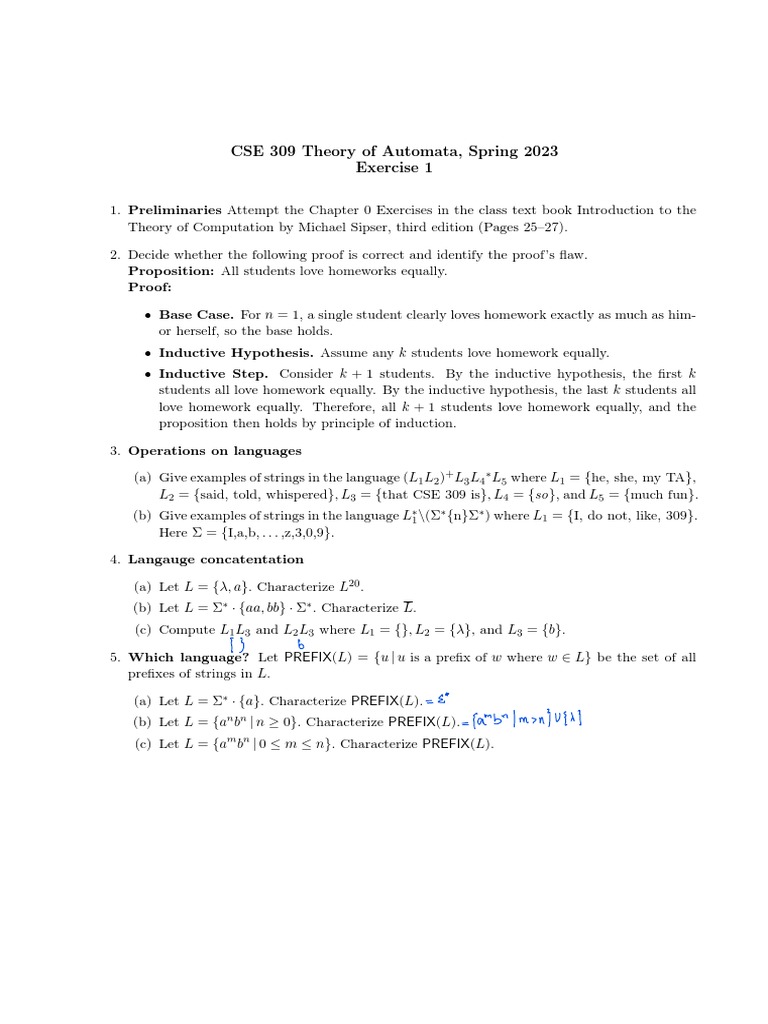 CSE 309 Theory of Automata, Spring 2023 Exercise 1 | PDF