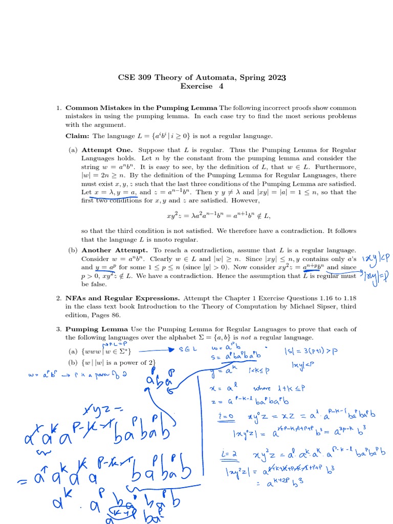 CSE 309 Theory of Automata, Spring 2022 Exercises 4 | PDF