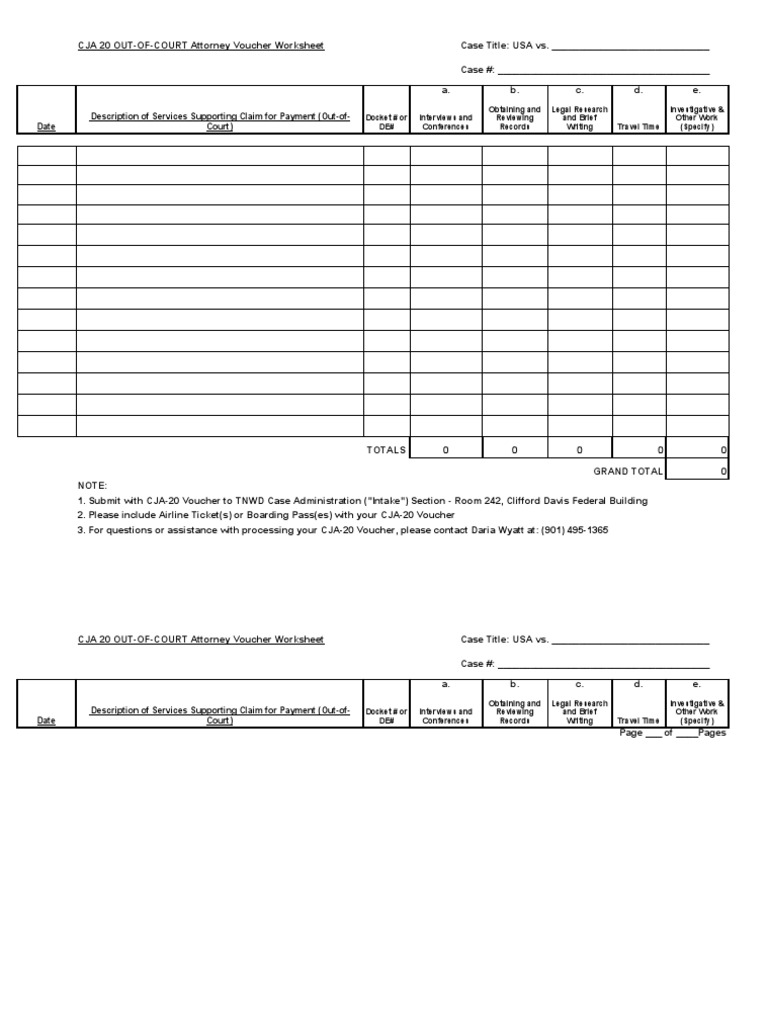 CJA 20 Out-of-Court Worksheet | PDF