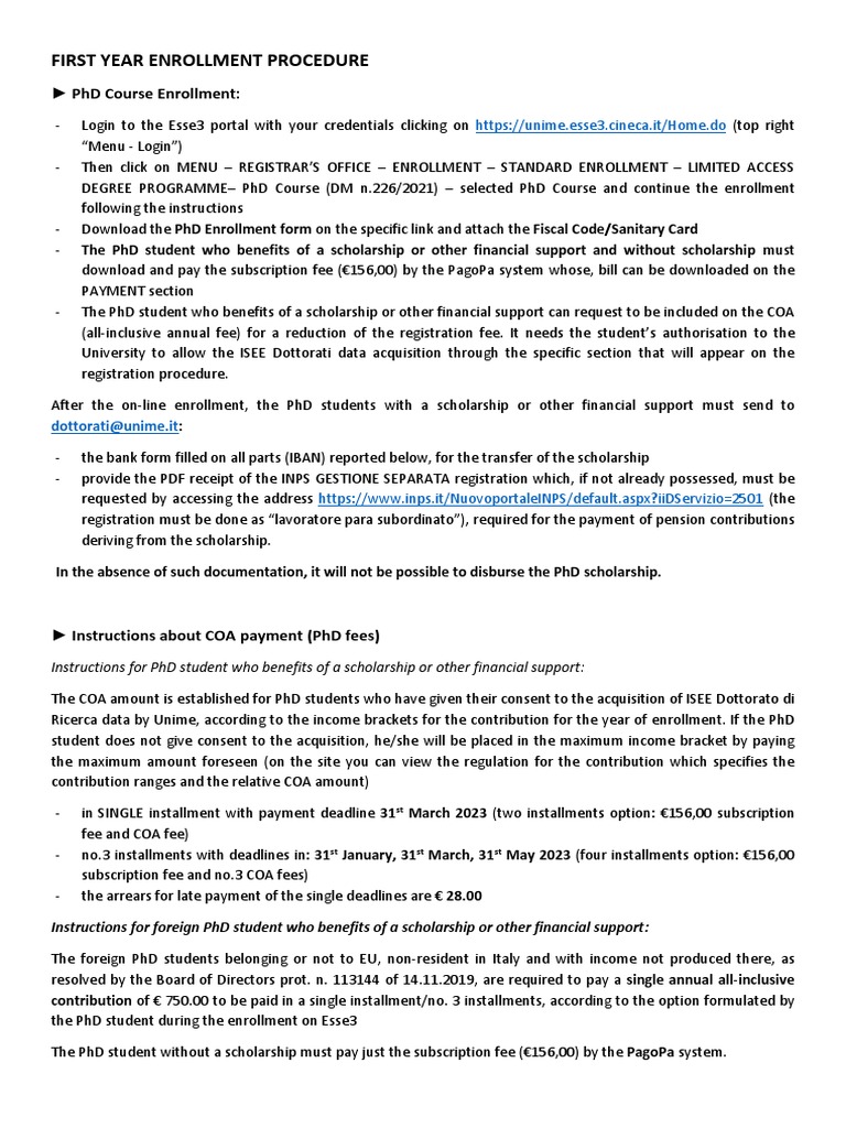 PHD Enrollment Instructions | PDF | Doctor Of Philosophy | Fee