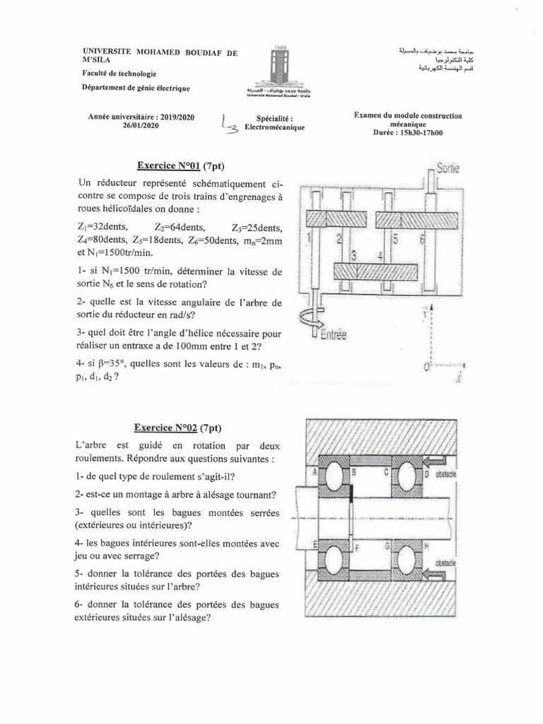 Examen Corrigé Construction Mécanique, L3 EM, Univ M'sila 2020 | PDF