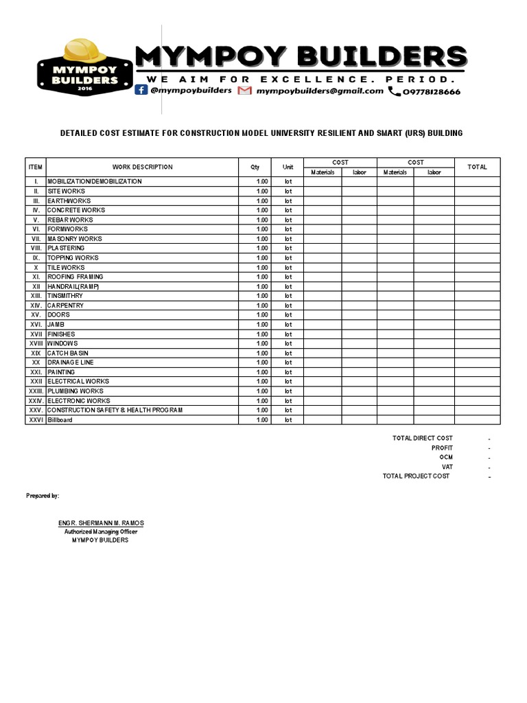 Detailed Cost Estimate for the Construction of a Resilient and Smart University Building | PDF ...