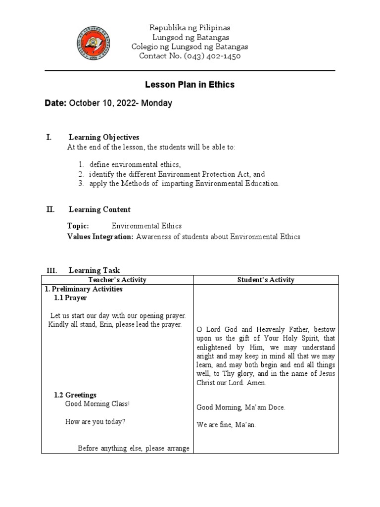 Lesson Plan in Ethics | Download Free PDF | Natural Environment | Pollution