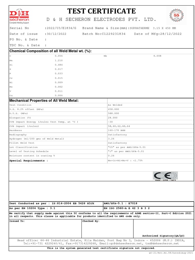 Test Certificate: D & H Secheron Electrodes Pvt. LTD | PDF | Industrial ...