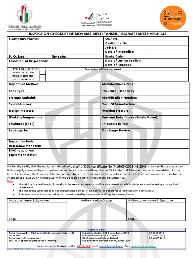 Diesel Tanker Inspection Certificate | PDF | Oil Tanker | Valve