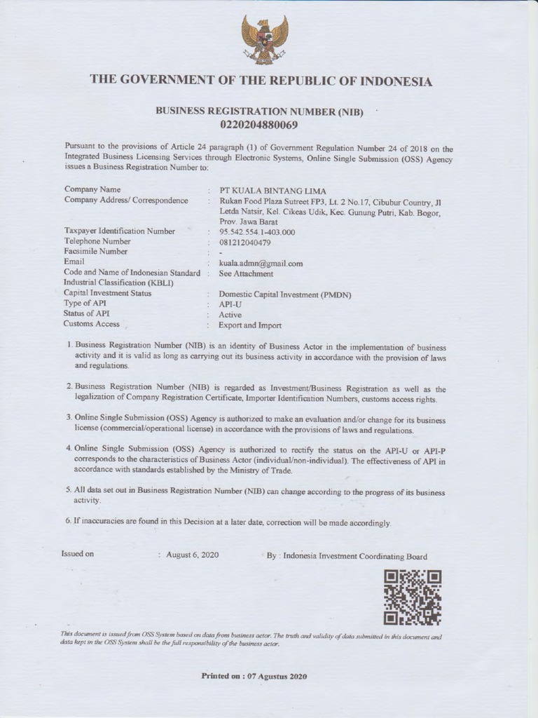 NIB PT. KUALA BINTANG LIMA (0220204880069) English | PDF