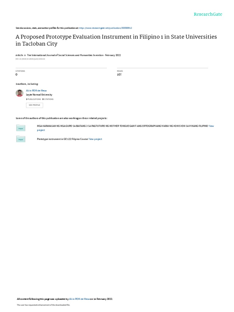 Filipino 1 Evaluation Tool Prototype | PDF | Validity (Statistics) | Thesis