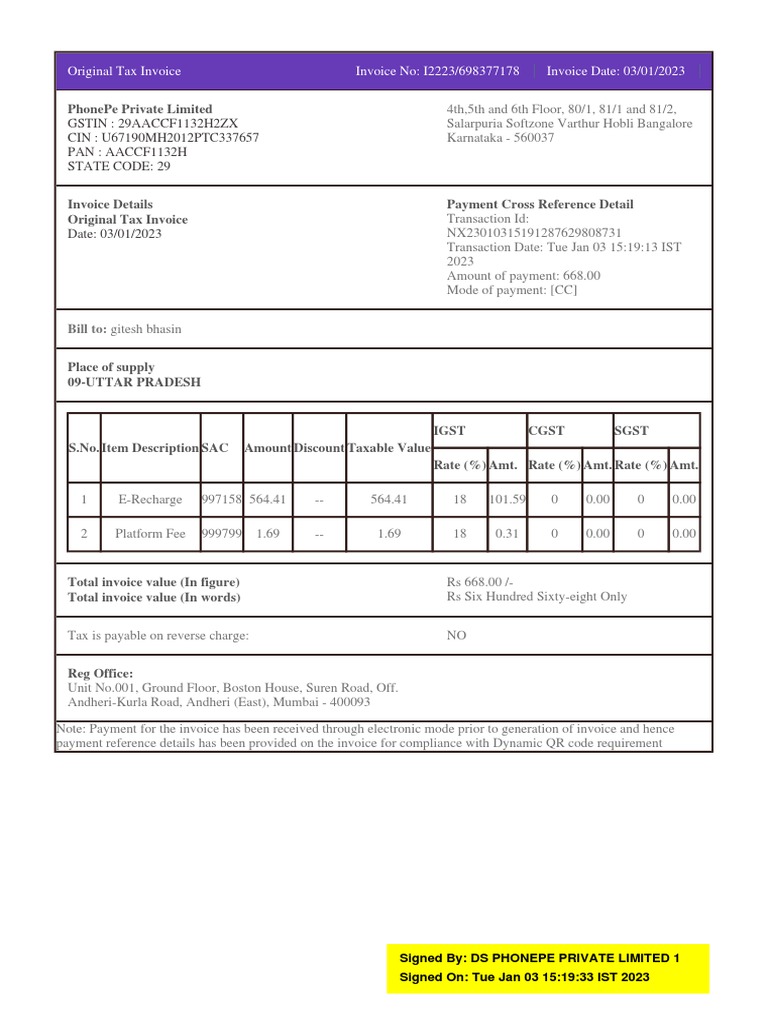 Invoice for E-Recharge Payment | PDF | Invoice | Payments