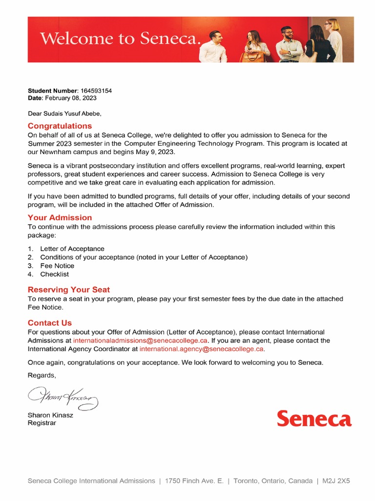 Seneca College Acceptance Letter | PDF