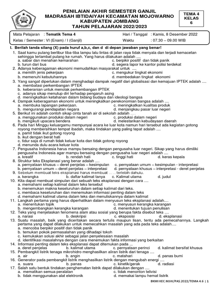 Soal Pas Ganjil Tema 4 2022-2023 | PDF