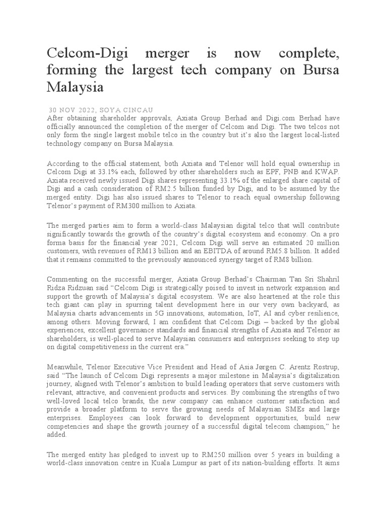 Merger Between Celcom and Digi | PDF | Economies | Business