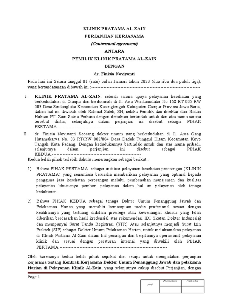 Draf MOU Dokter Penanggung Jawab Klinik Pratama Al-Zain | PDF