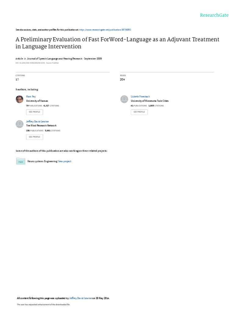 Preliminary evaluation of Fast ForWord-Language as an adjuvant treatment to narrative language ...