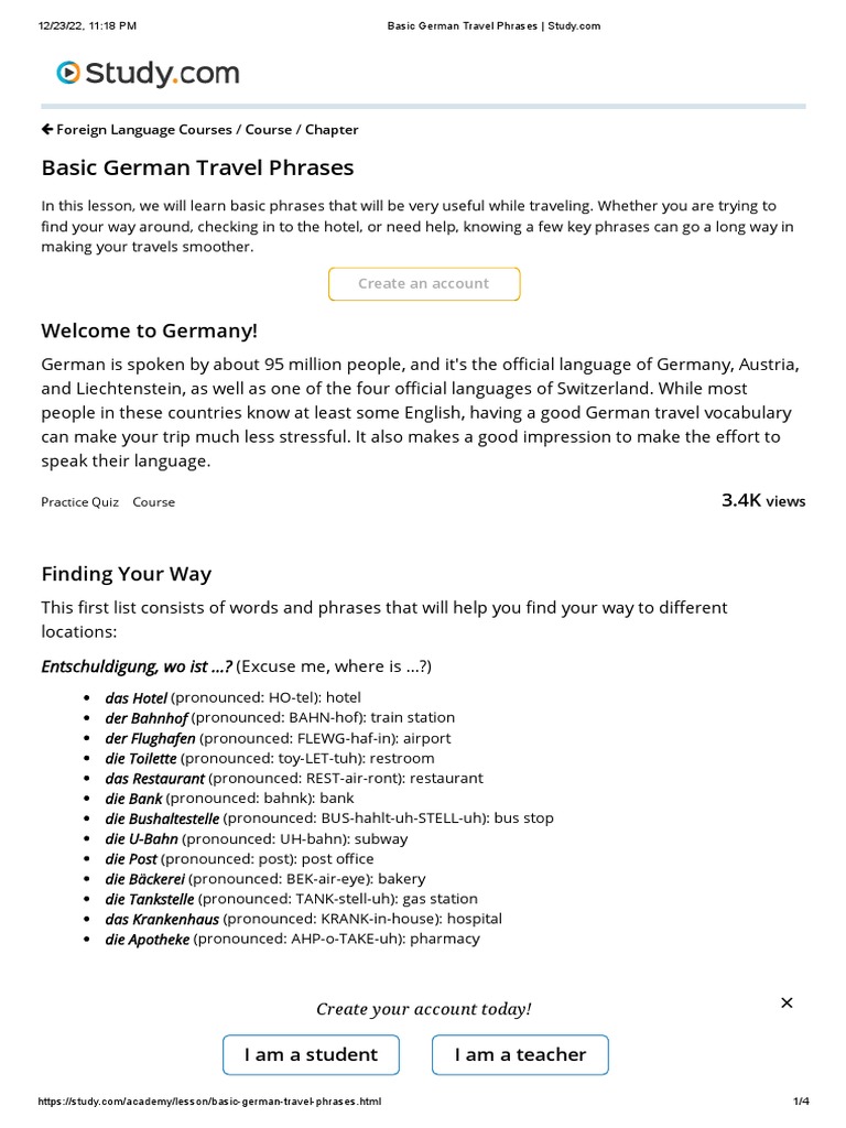 Basic German Travel Phrases | PDF | German Language | Linguistics