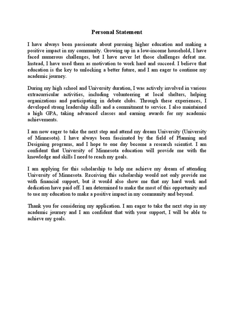 Personal Statement for Scholarship Application | PDF | Self-Improvement ...