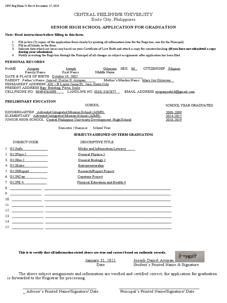 SHS Graduation Application Form | PDF | Computing