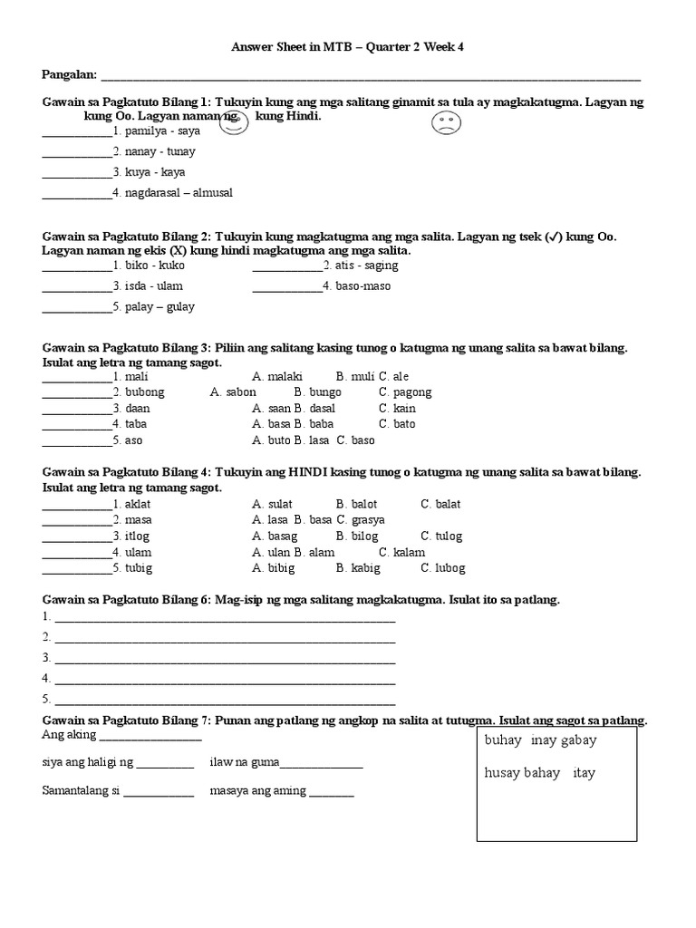 Answer Sheet in MTB W4 | PDF