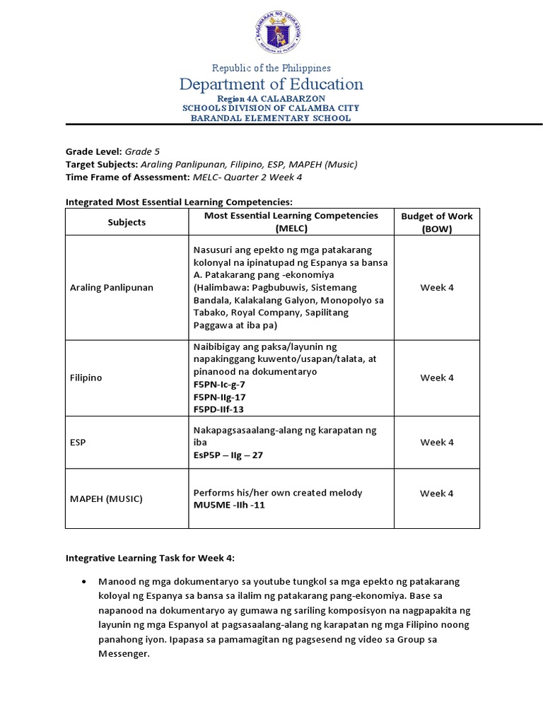 Harmonized Assessment AP Fil Esp Music Grade 5 q2w4 | PDF