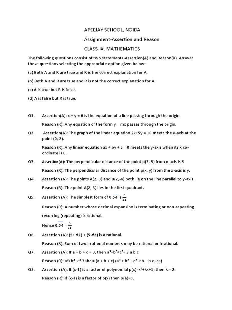 Assignment On Assertion and Reason Class 9 Ncert | PDF | Cartesian ... Assignment On Assertion and Reason Class 9 Ncert | PDF | Cartesian ...