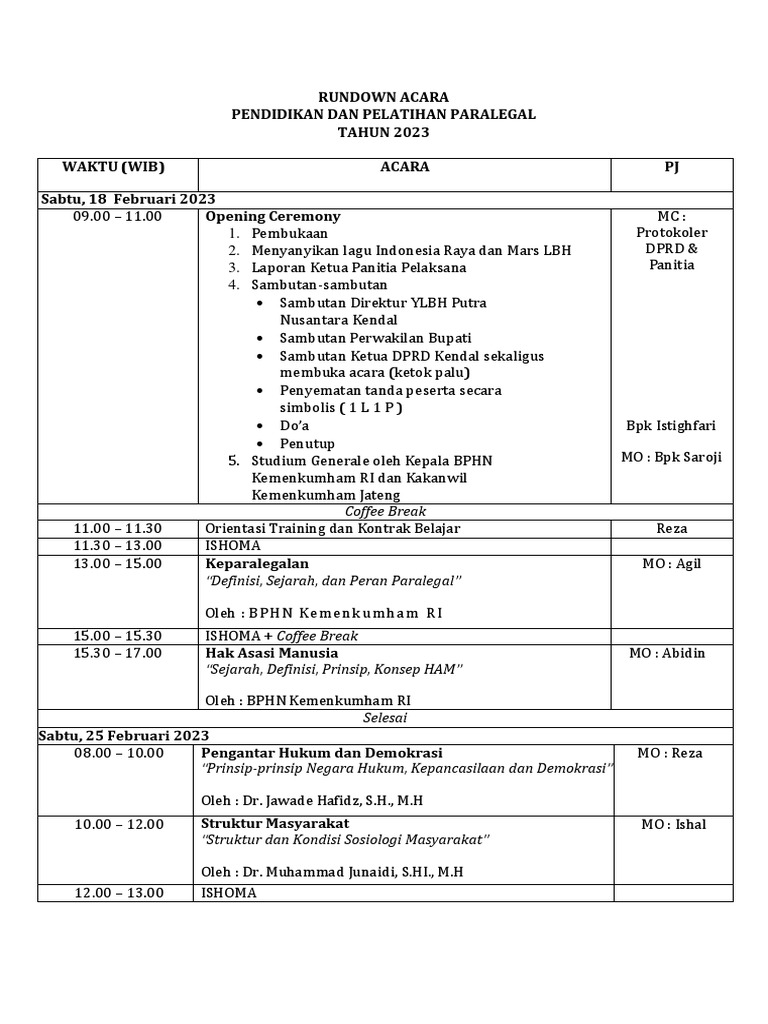 Rundown Acara Diklat Paralegal | PDF