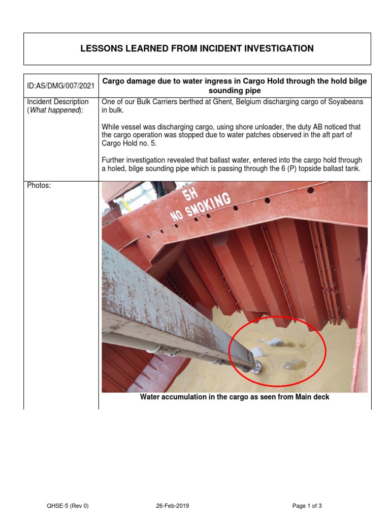 Cargo Damage Due To Water Ingress in Cargo Hold Through The Hold Bilge ...